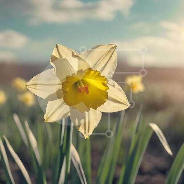 Beautiful Yellow Daffodil Flower in a Field at Sunset stock photo ...