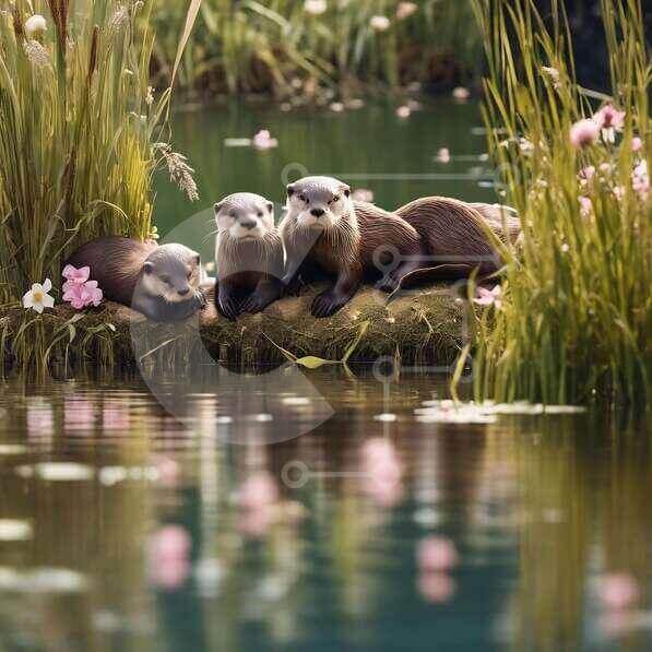 Relaxing Otter Family in Natural Setting stock photo | Creative Fabrica