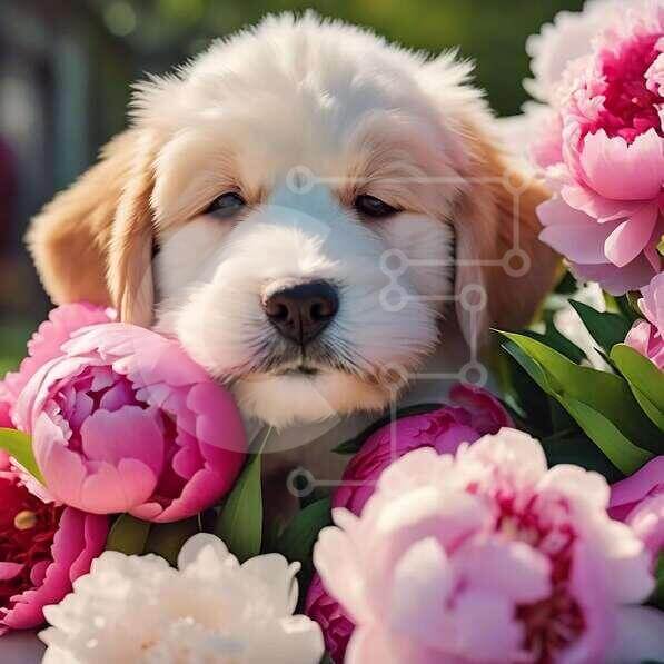 Cute Puppy Surrounded by Pink Peonies stock photo | Creative Fabrica