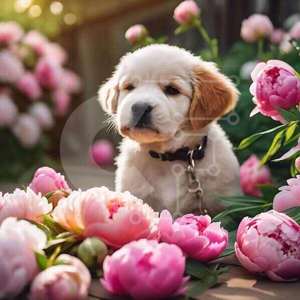 Adorable Puppy Surrounded by Pink Peonies stock photo | Creative Fabrica