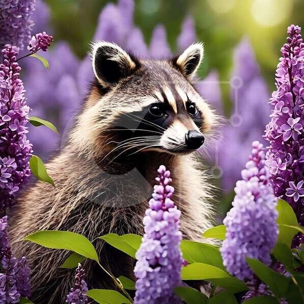 Curious Raccoon Among Purple Blooms stock photo | Creative Fabrica