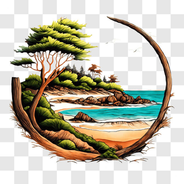 Download Circular Beach Frame with Trees and Seagulls PNGs Online ...