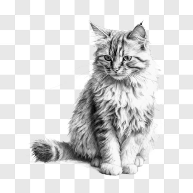 Download Black and White Drawing of a Cat with Long Curly Hair Sketches ...
