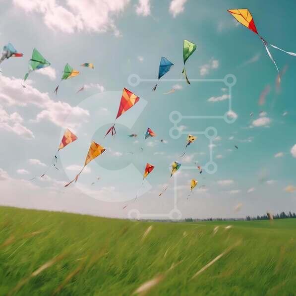 Vibrant Kite Flying Scene in a Grassy Field stock photo | Creative Fabrica