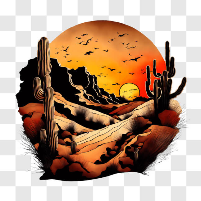 Download Desert landscape with cactus plants and birds at sunset PNGs ...