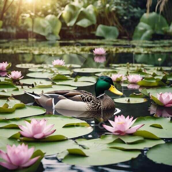 Tranquil Scene of Duck in Pond with Pink Water Lilies stock photo ...