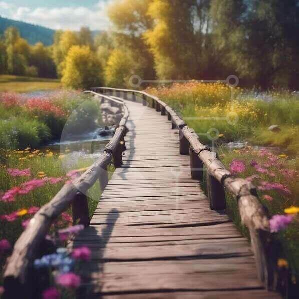 Wooden Bridge in Idyllic Nature Landscape stock photo | Creative Fabrica