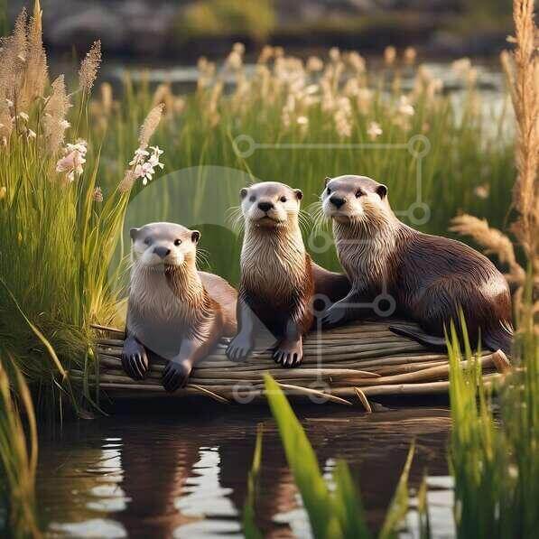 Three Otters Resting on a Log in the Water stock photo | Creative Fabrica
