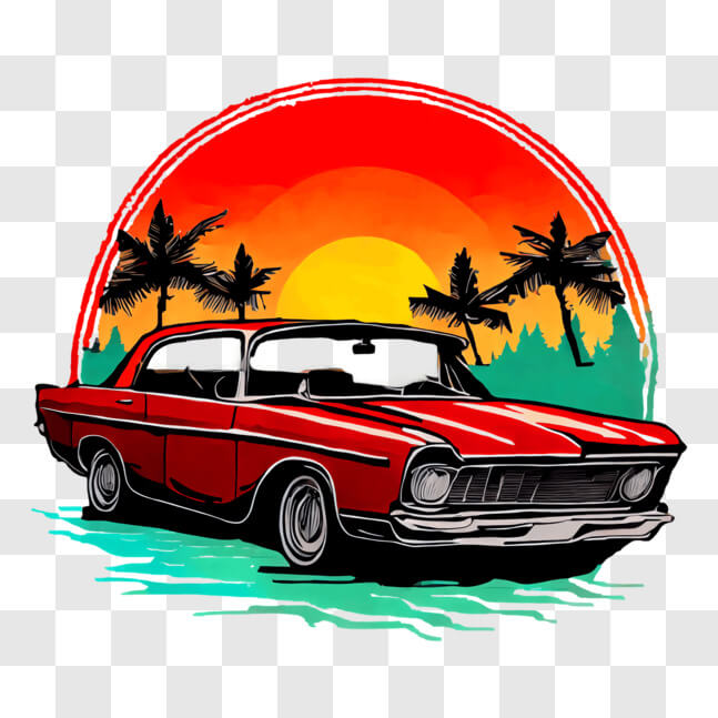Download Vintage Red Car at Sunset with Palm Trees PNGs Online ...