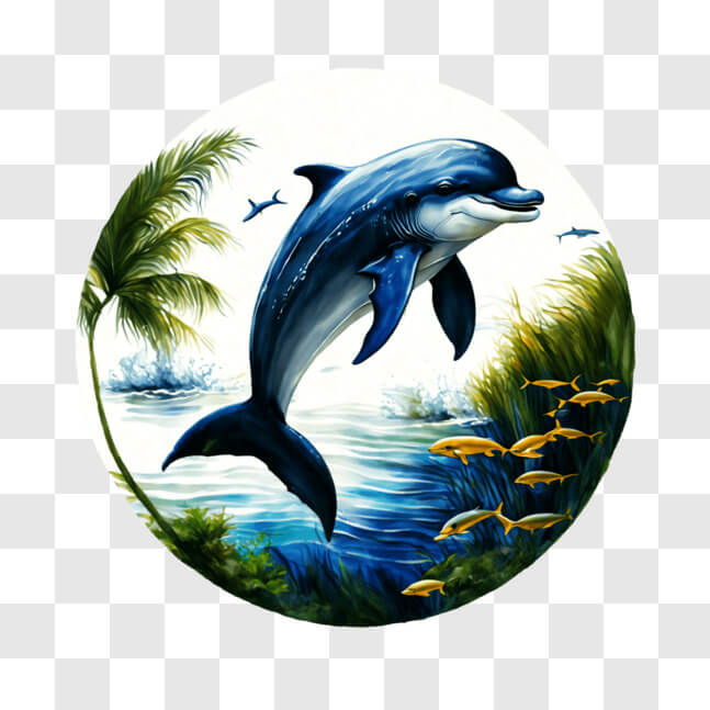 Download Dolphin Jumping Out of Water surrounded by Fish and Palm Trees ...