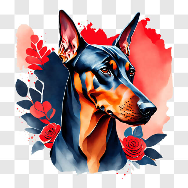 Download Artistic Depiction of Doberman Dog with Red Roses PNGs Online ...