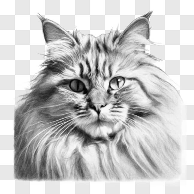 Download Black and White Drawing of Attractive Cat with Long Fluffy ...