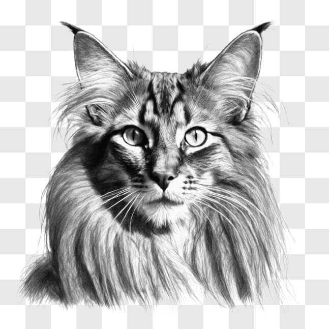 Download Zwart-witte tekening van een langharige Coon-kat Schetsen ...