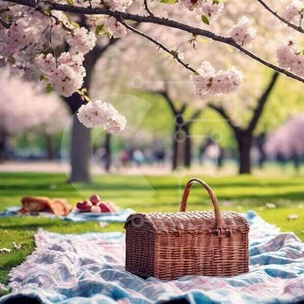 Picnic Basket in Cherry Blossom Park stock photo | Creative Fabrica