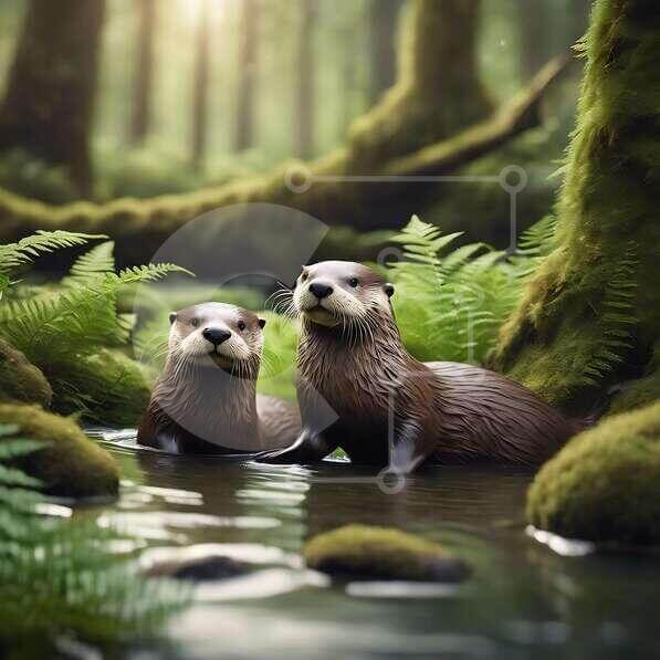 Relaxing Otters in Moss-Covered River stock photo | Creative Fabrica