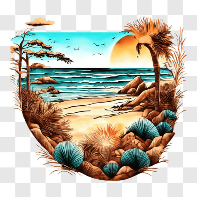 Download Tropical Beach Sunset with Palm Trees and Rocks PNGs Online ...