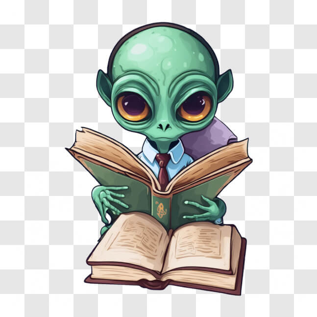 Download Green Alien Reading a Book Cartoons Online - Creative Fabrica