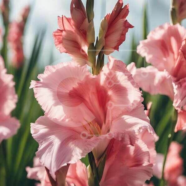 Blooming Pink Gladiolus Flowers in Natural Setting stock photo ...