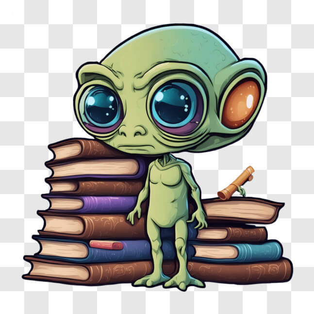 Download Cartoon Alien Standing in Front of Stacks of Books Cartoons ...