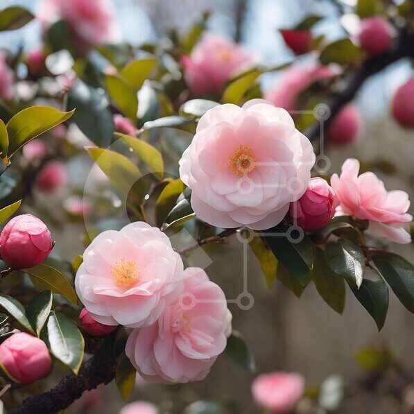 Beautiful Blooming Camellia Flowers on a Tree Branch stock photo ...