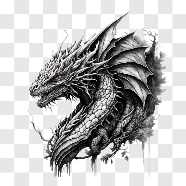 Download Black and White Dragon with Vines and Leaves PNGs Online ...