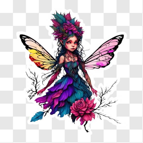Download Fairy Girl with Colorful Wings and Flowers Sticker PNGs Online ...
