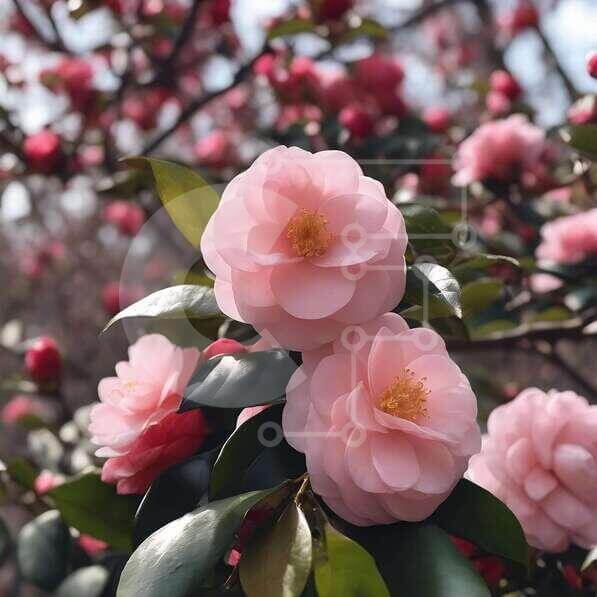 Beautiful Camellia Flowers in the Forest stock photo | Creative Fabrica