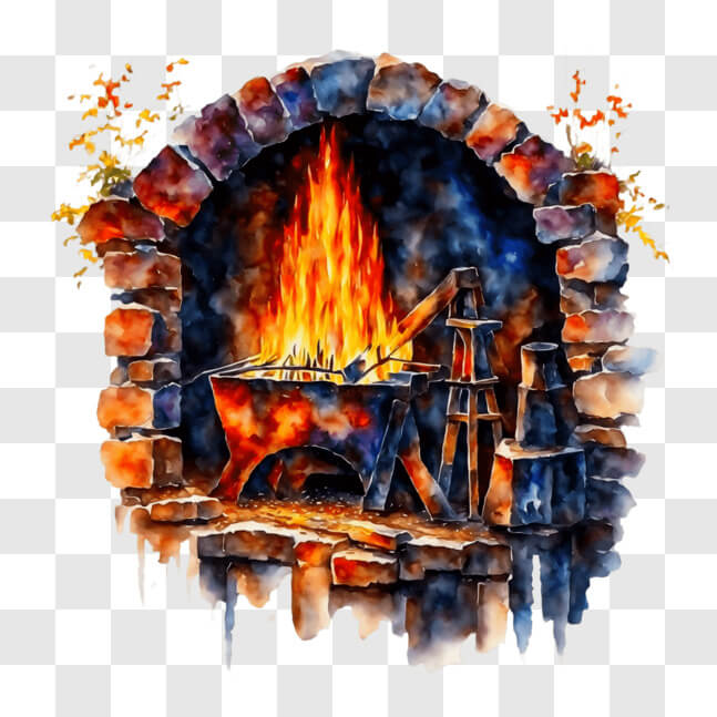 Download Watercolor Painting of a Blacksmith's Shop Fireplace PNGs ...