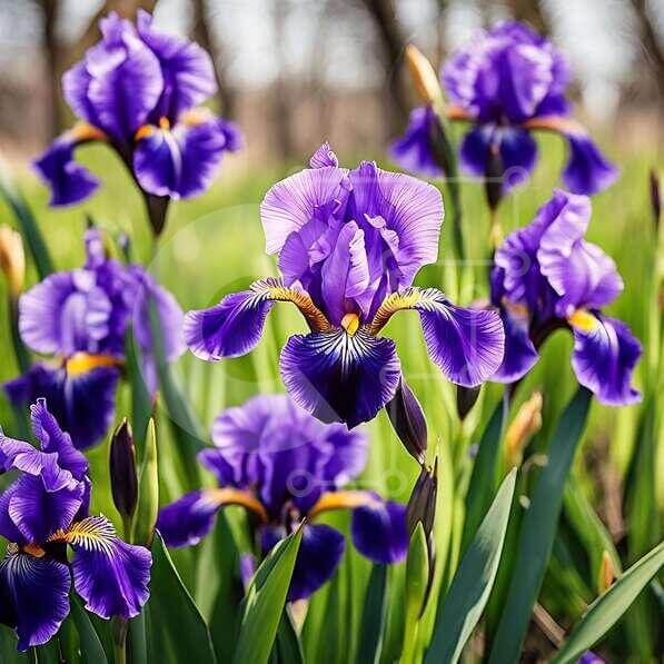 Vibrant Purple Irises in a Lush Field stock photo | Creative Fabrica