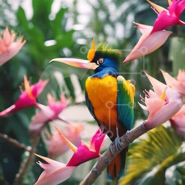 Vibrant Bird and Exotic Flowers in Nature stock photo | Creative Fabrica