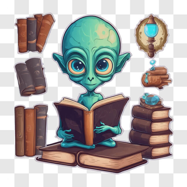 Baixe Alien Reading a Book with Magic Items Cartoons - Creative Fabrica