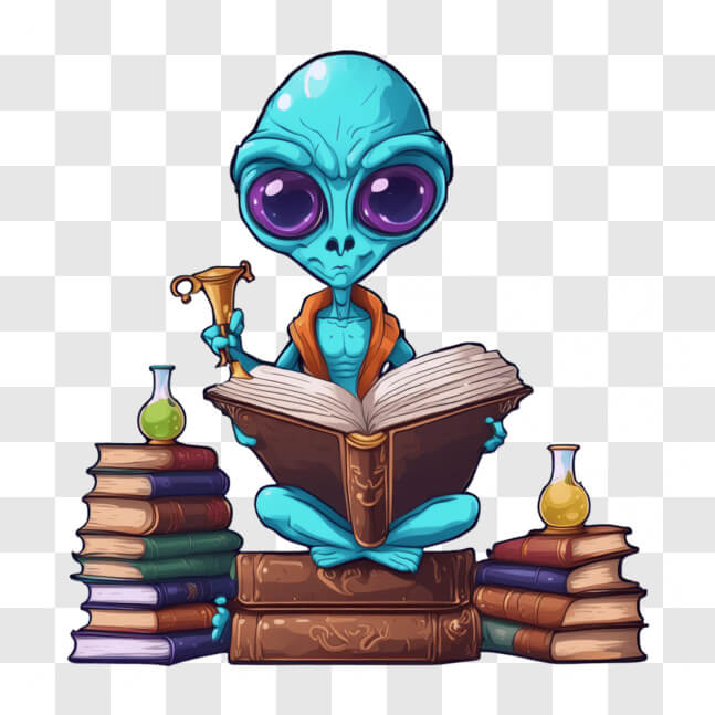 Download Blue Alien Reading Book and Holding Glass Beakers Cartoons ...