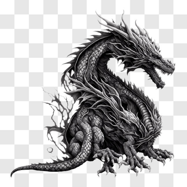 Download Black and White Dragon with Outstretched Wings and Vines PNGs ...