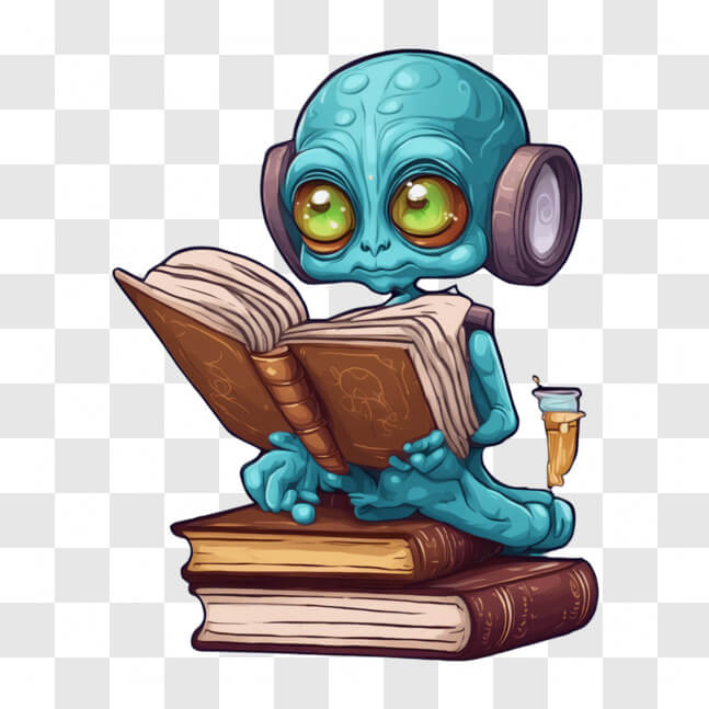 Download Blue Alien Sitting on Books with Headphones Cartoons Online ...