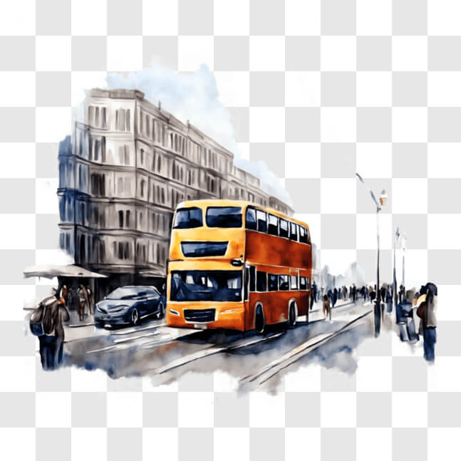 Download Double-Decker Bus on City Street with People and Cars PNGs ...