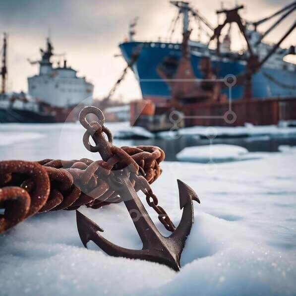 Anchored Ship in Snow with Large Cargo Ship stock photo | Creative Fabrica