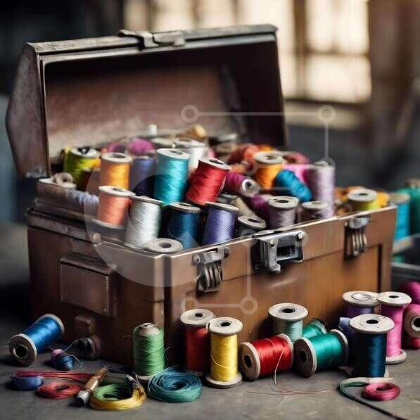 Colorful Threads in Open Trunk for Crafts and Sewing stock photo ...