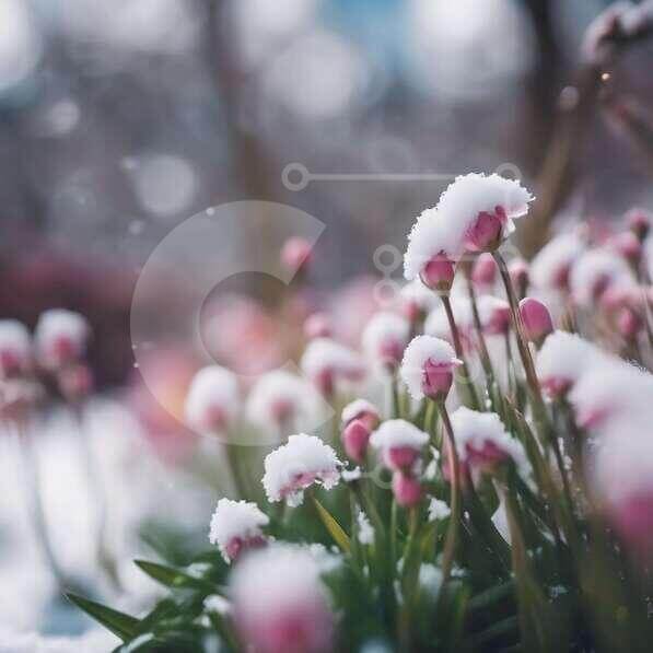Winter Wonderland: Snow-covered Flower Garden with Pink Tulips stock ...