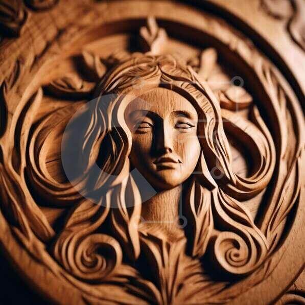 Wood Carving of Attractive Woman's Face stock photo | Creative Fabrica