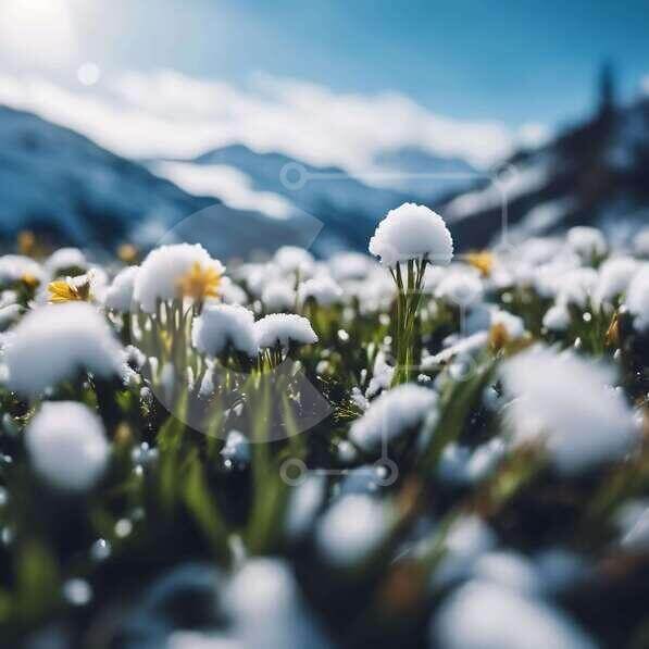 Snow-covered Flowers in the Swiss Alps stock photo | Creative Fabrica