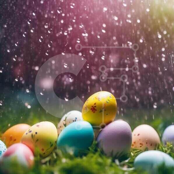 Vibrant Easter Egg Hunt in the Rain stock photo | Creative Fabrica