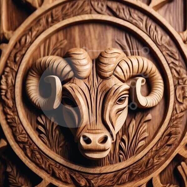 Decorative Wood Carving of Ram Animal Head stock photo | Creative Fabrica