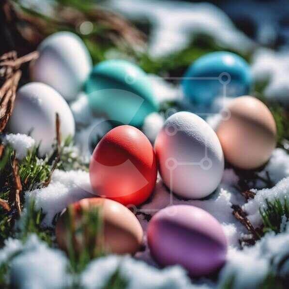 Vibrant Easter Eggs in the Snow stock photo | Creative Fabrica