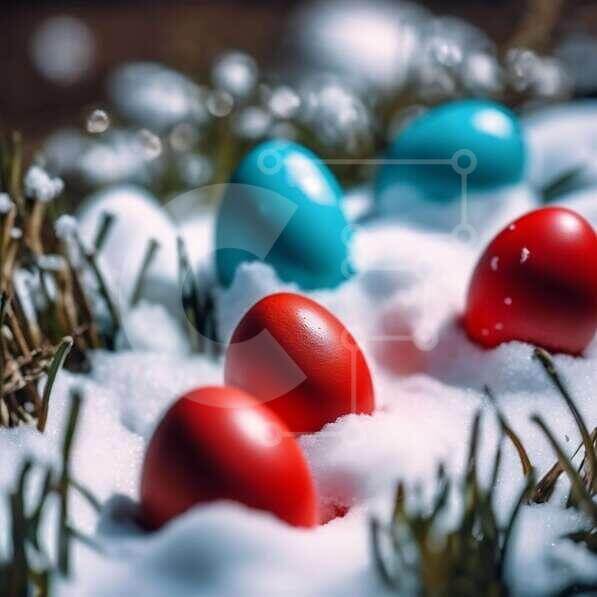Vibrant Easter Eggs in Snow for Holiday Celebrations stock photo ...
