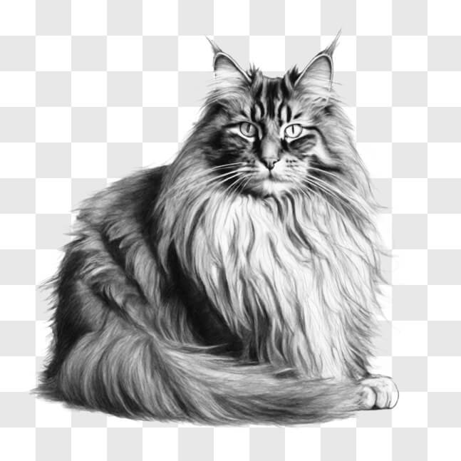 Download Long-Haired Coon Cat Drawing in Black and White Sketches ...