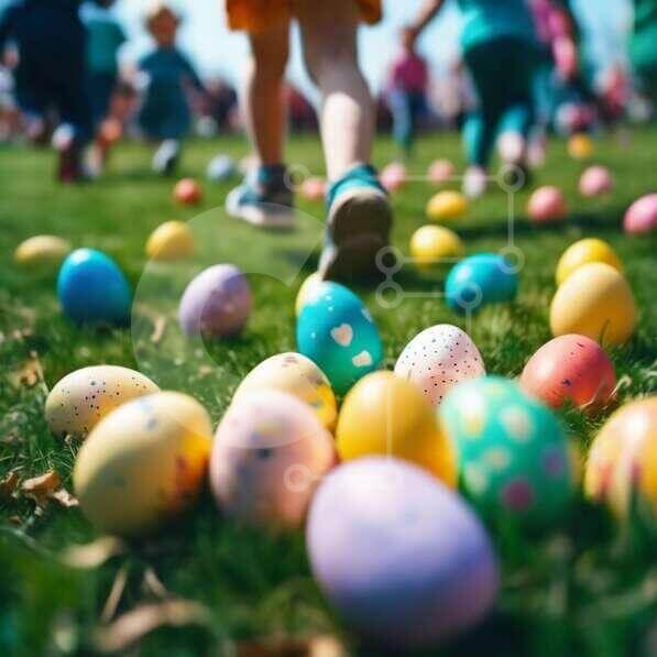 Kids Running with Easter Eggs in Spring stock photo | Creative Fabrica
