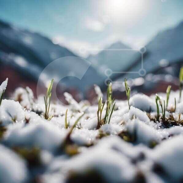 Scenic Snow-covered Field with Green Grass and Mountains stock photo ...