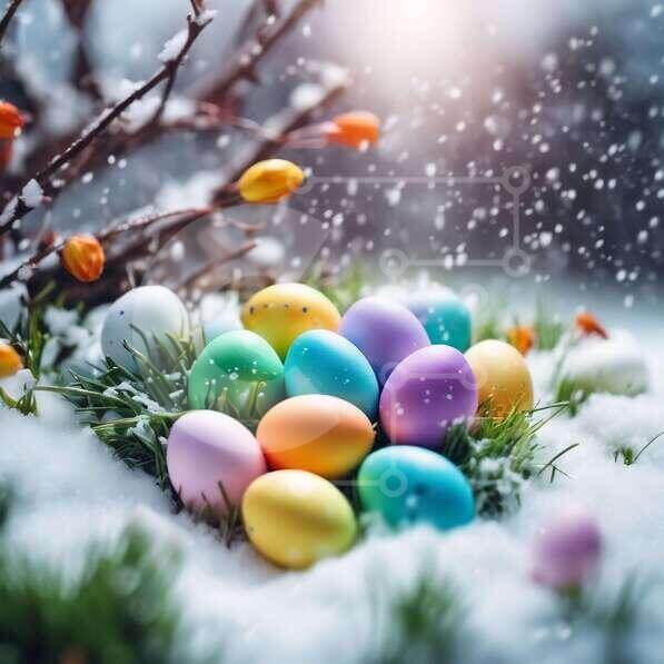 Vibrant Easter Egg Hunt in the Snow stock photo | Creative Fabrica