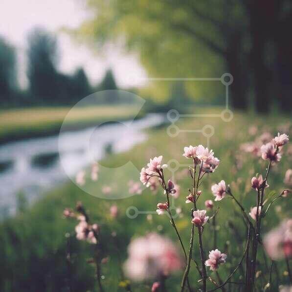 Beautiful Spring Landscape with Pink Flowers and Stream stock photo ...