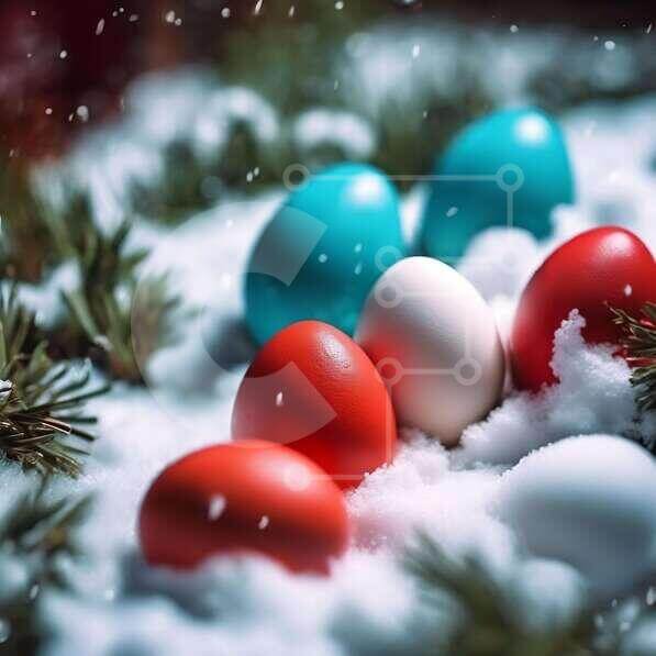Vibrant Easter Eggs in Snowy Landscape stock photo | Creative Fabrica